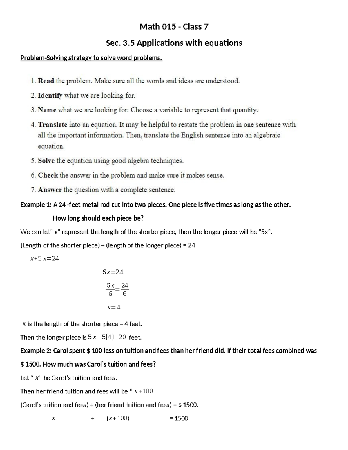 Math 015 Class 7 edited-1-1 - Tagged - Math 015 - Class 7 Sec. 3 Applications with equations ...