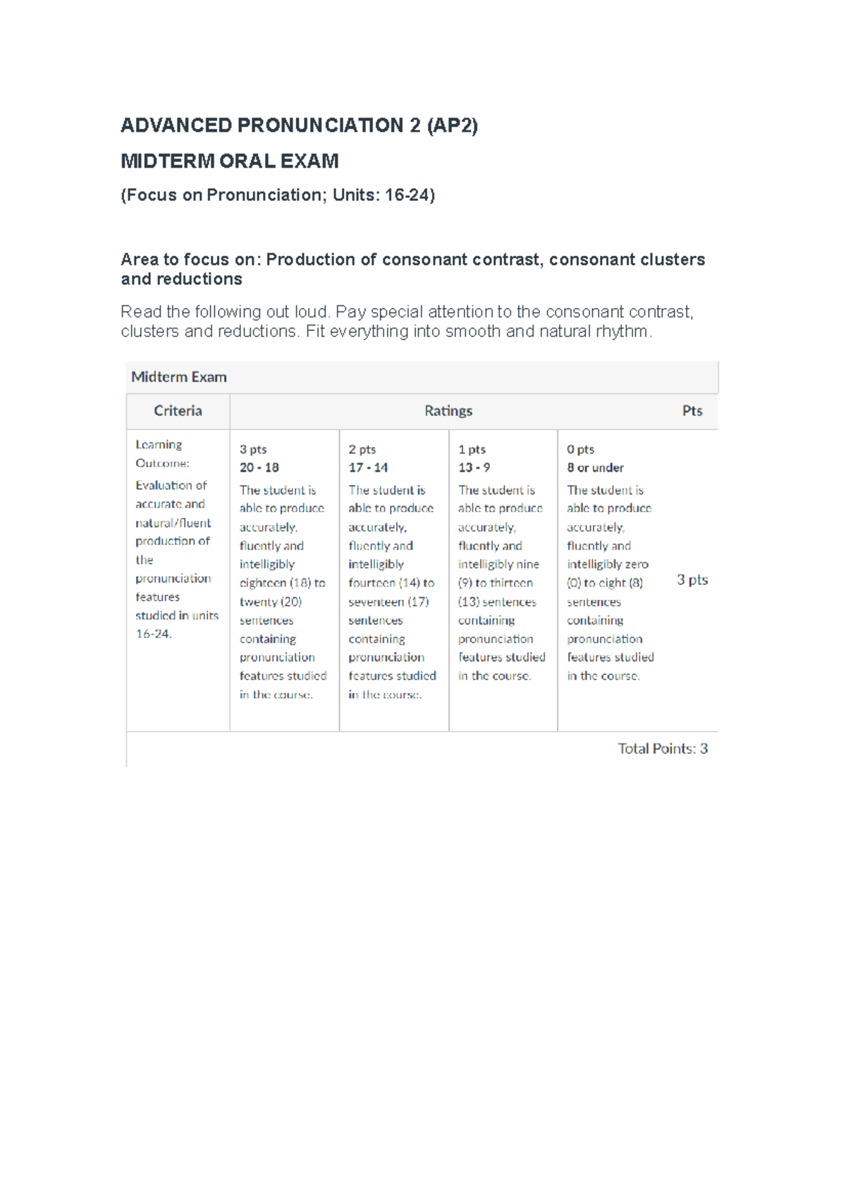 Mid Term Exam - Practica de examen final - ADVANCED PRONUNCIATION 2 (AP2) MIDTERM ORAL EXAM ...