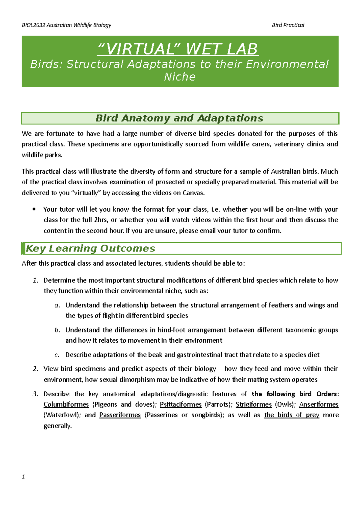 BIOL2032 Bird Practical Class updated - “VIRTUAL” WET LAB Birds ...