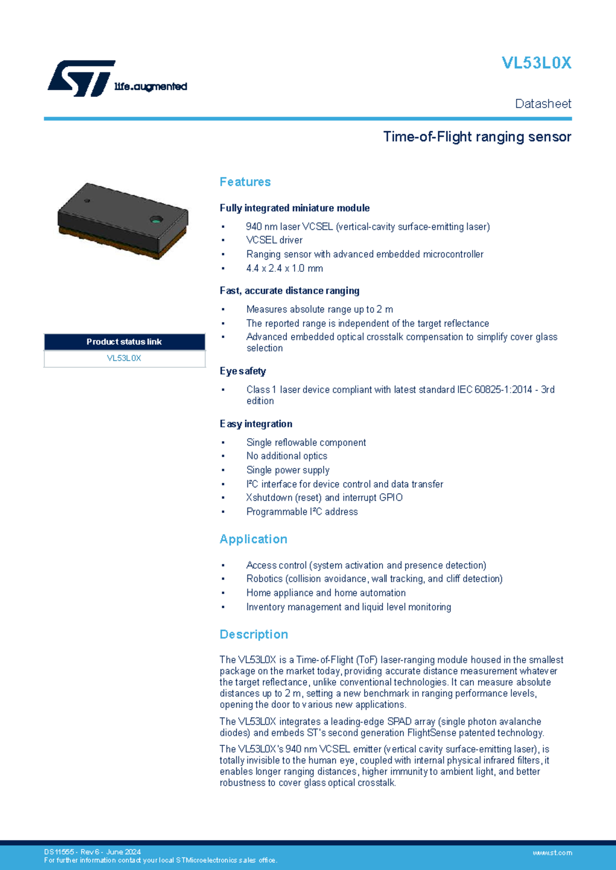 Vl53l0x - datasheet - Features ####### Fully integrated miniature ...