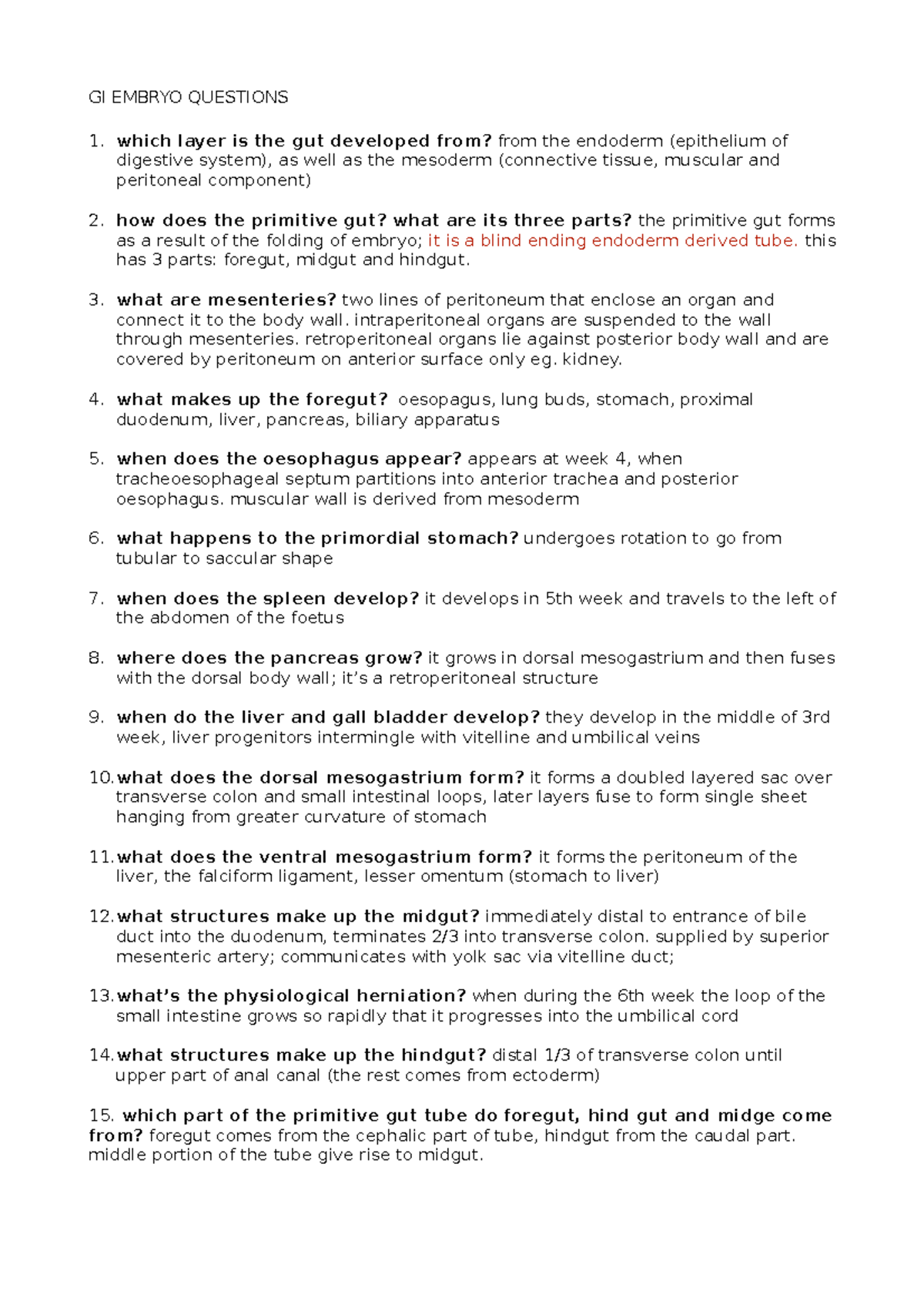 Embryo questions - GI EMBRYO QUESTIONS which layer is the gut developed ...