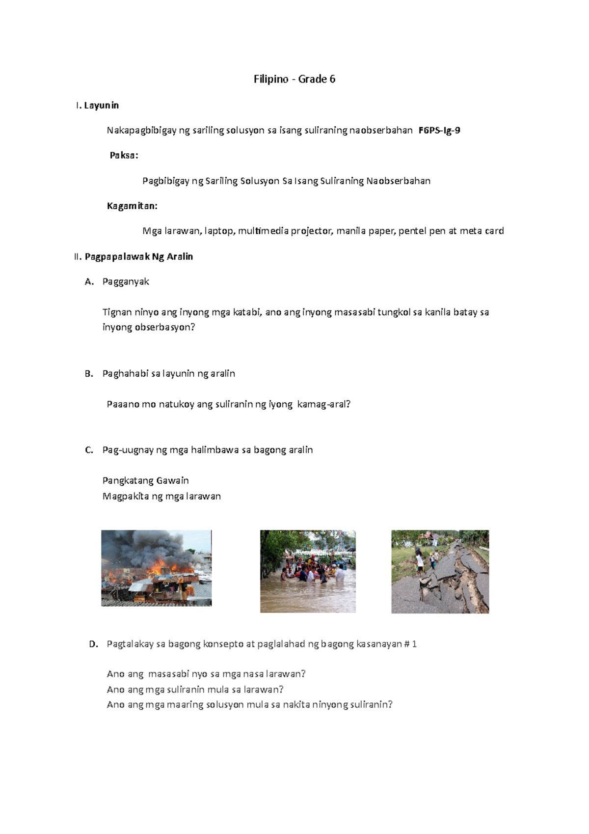 Lesson-Exemplar - Classroom Observation - Filipino - Grade 6 I. Layunin ...