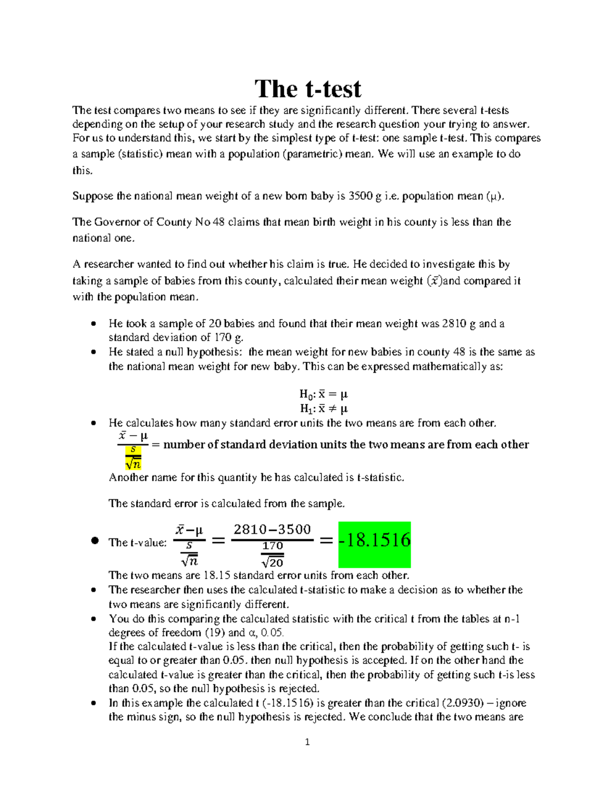 T-test - The t-test The test compares two means to see if they are ...