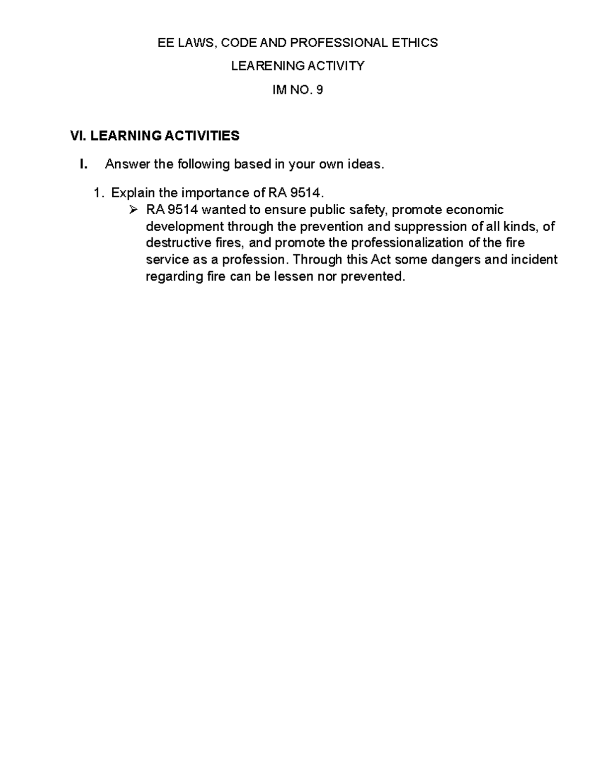 EE LAWS,CODE AND Ethics Learning Activity AND Assignment IM NO - EE ...