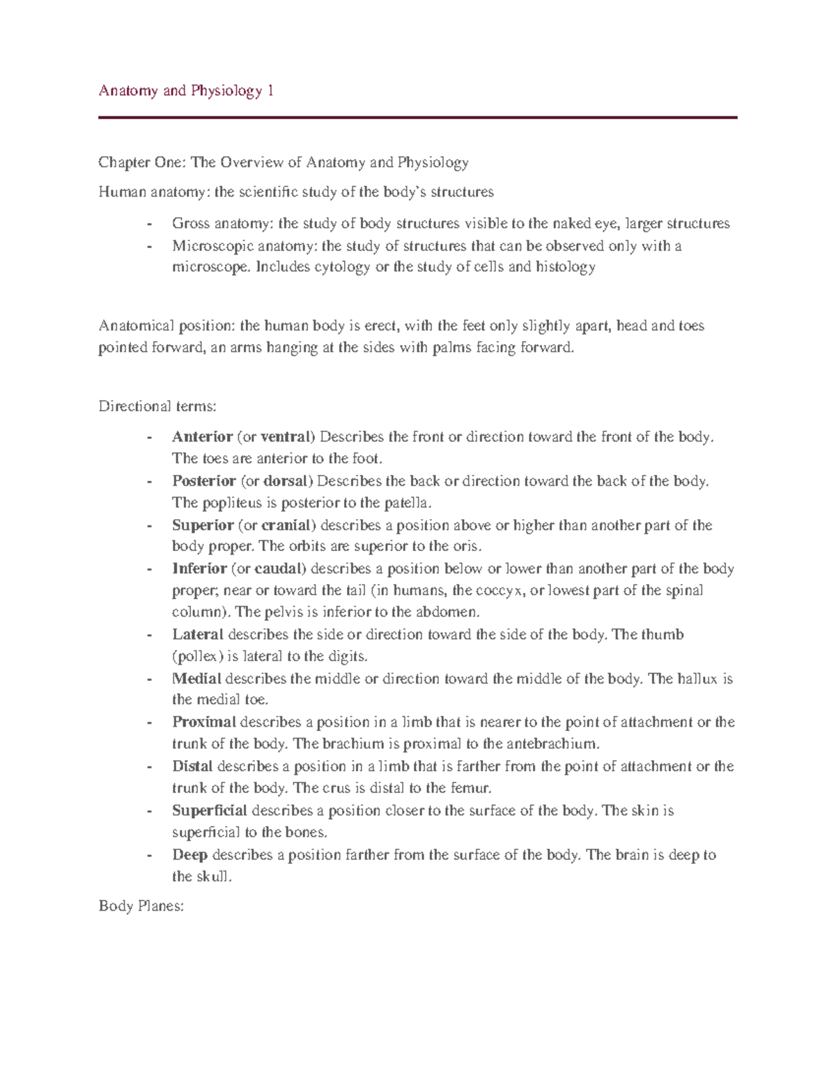 Anatomy and Physiology 1 Notes - Anatomy and Physiology 1 Chapter One ...