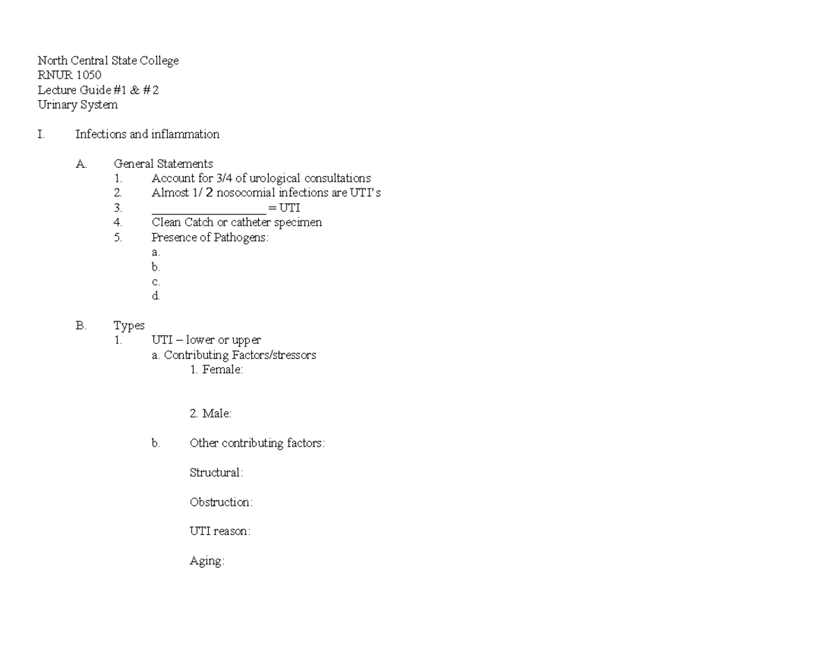 1050 lecture guide urinary 2024 - North Central State College RNUR 1050 ...