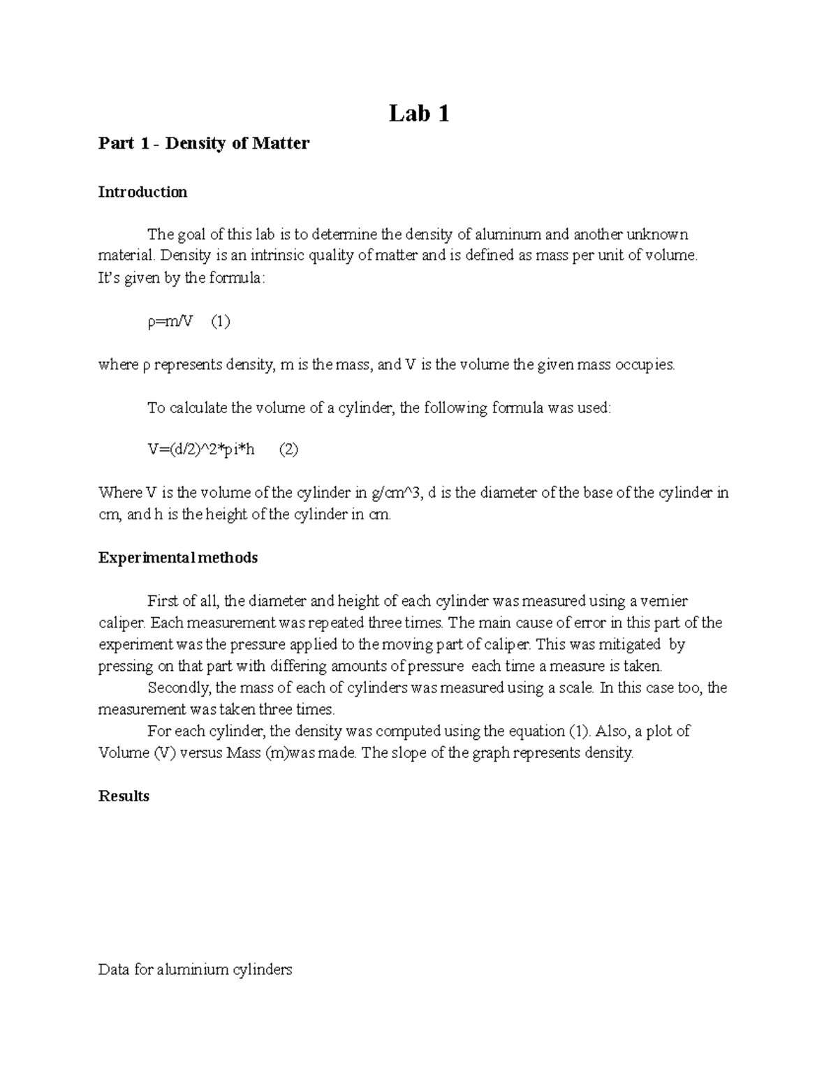 PHYS123 lab1 - Report for lab 1 - Lab 1 Part 1 - Density of Matter ...