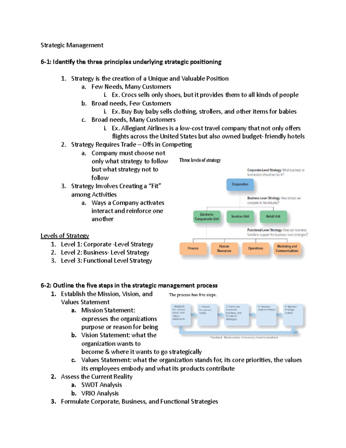 BUSN Chapter 6 Notes - Strategic Management 6-1: Identify the three ...