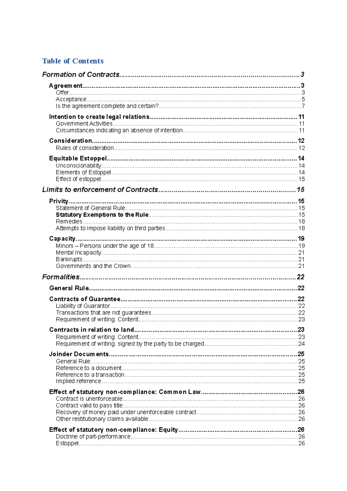 Contracts notes - Table of Contents Formation of - Studocu
