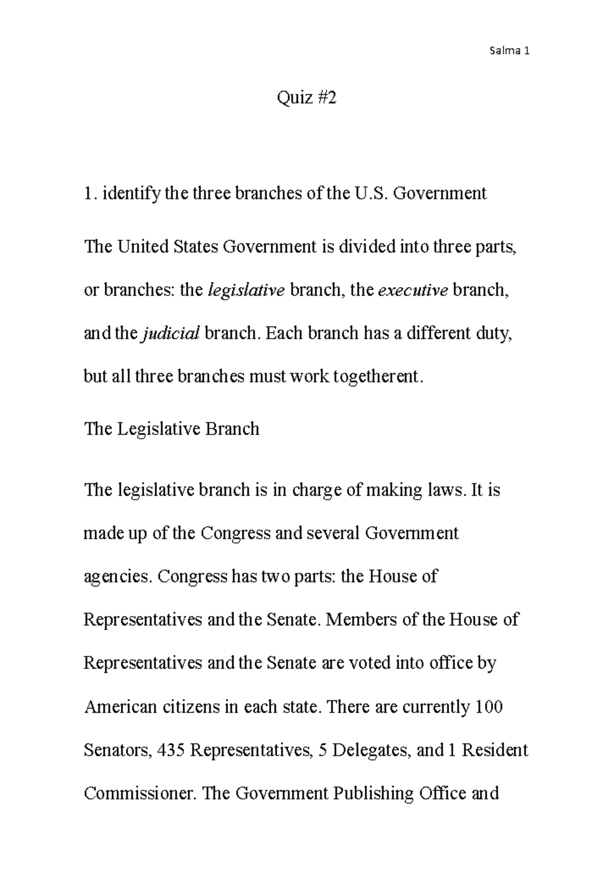 Quiz - Government The United States Government is divided into three ...