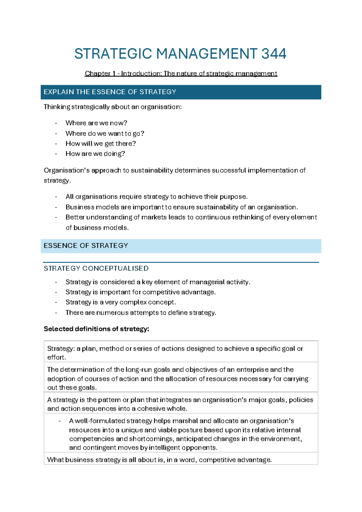 SM 344 Notes (Ch1-4) - STRATEGIC MANAGEMENT 344 Chapter 1 ...