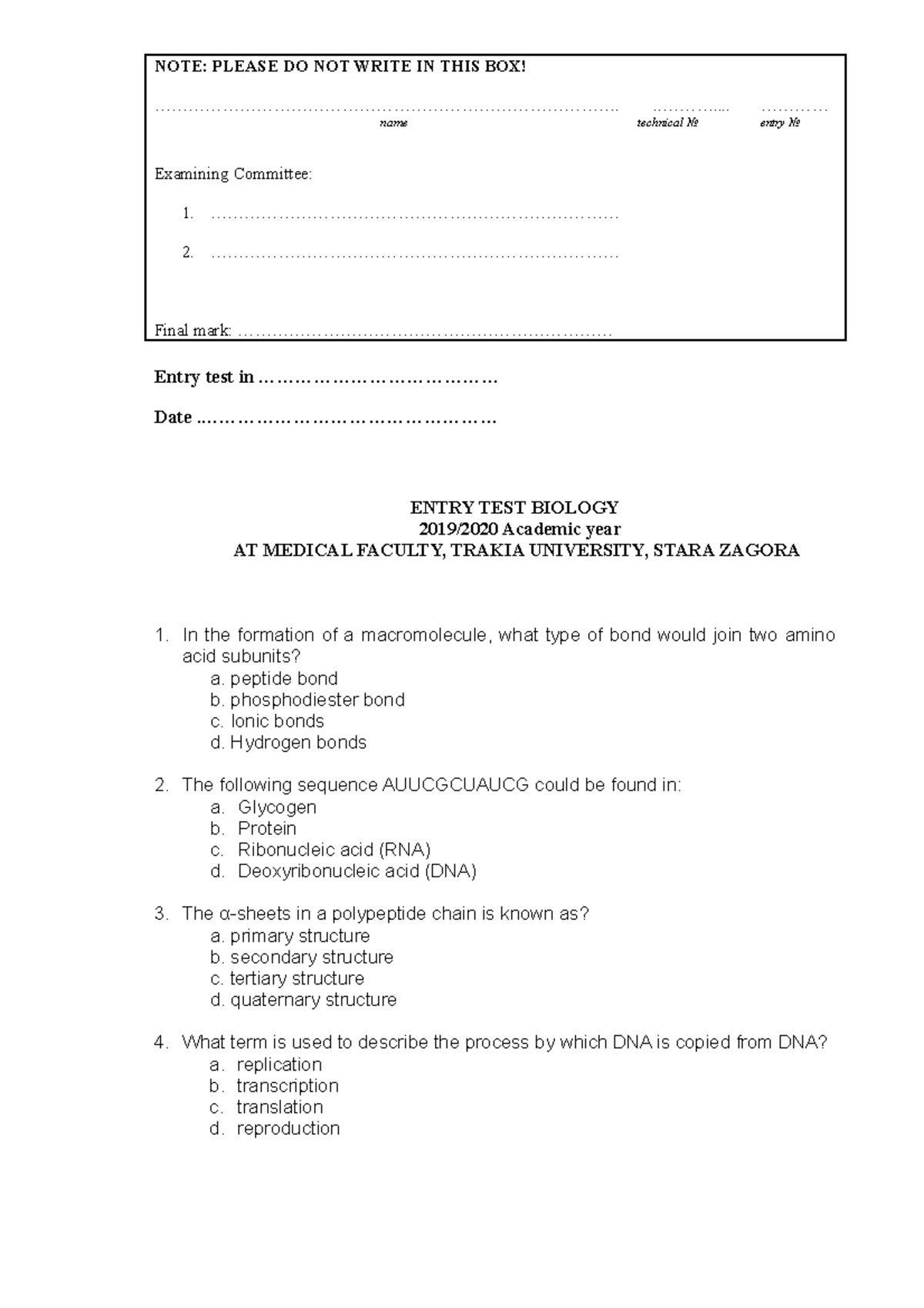 Sample test - biology 4 - These are practice materials for the course ...