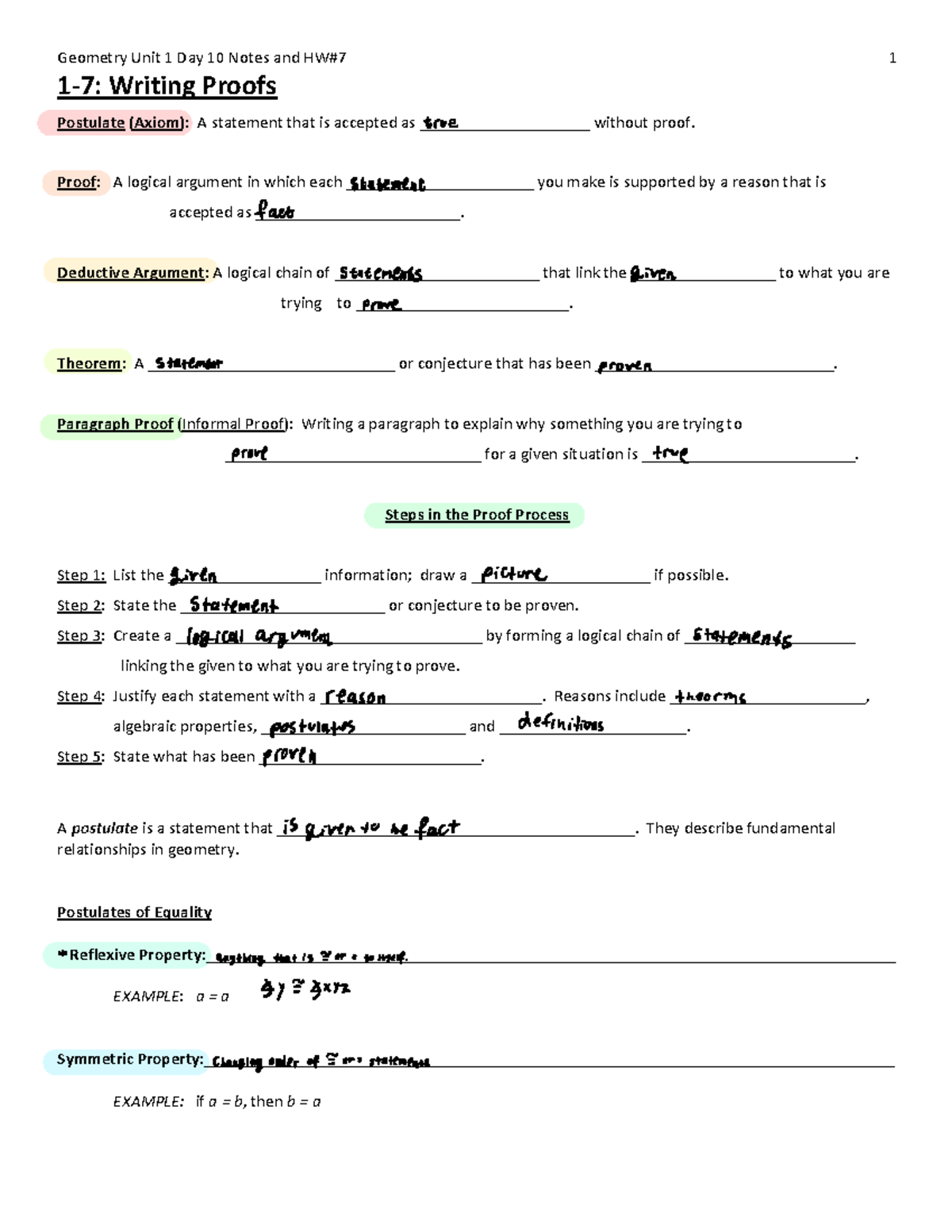 Lesson 1-7 - WKST - 1-7: Writing Proofs Postulate (Axiom): A statement ...