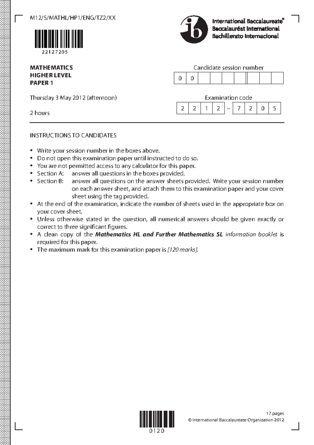 Mathematics HL paper 1 TZ2 - M12/5/MATHL/HP1/ENG/TZ2/XX mathematics higher level PaPer 1 ...