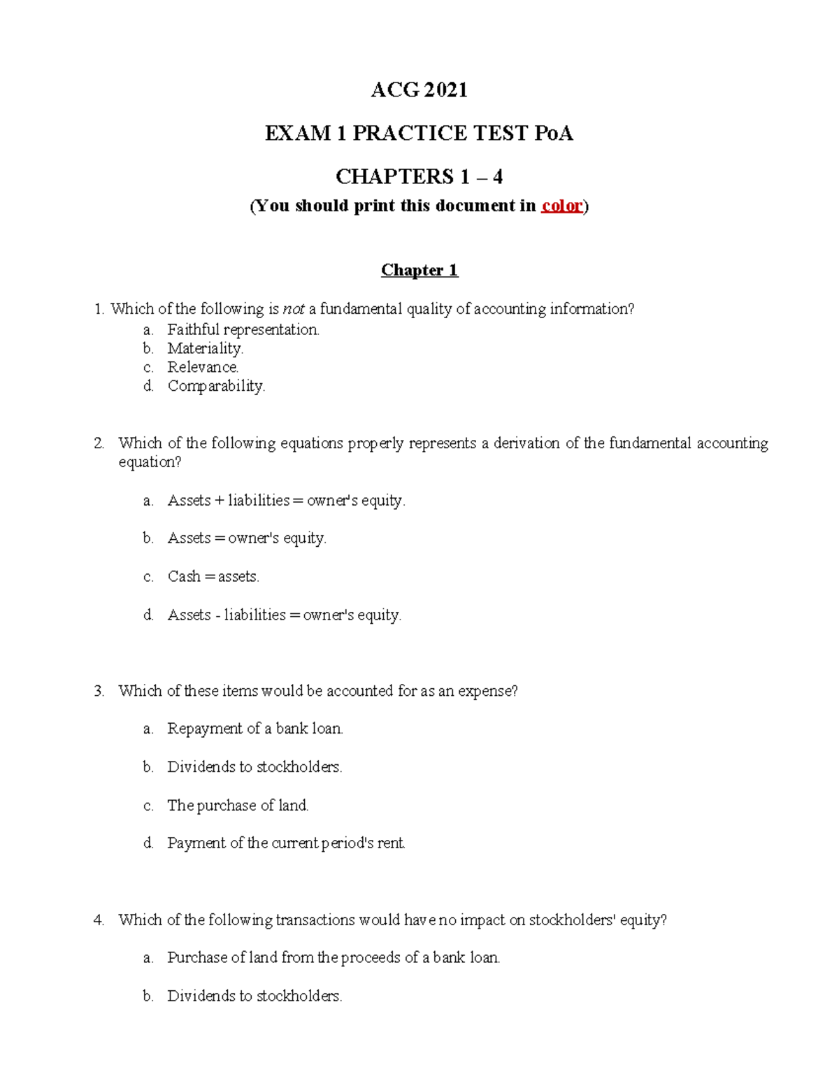 Exam 1 - Chpt 1-4 Exam 1 Practice Test Po A - ACG 2021 EXAM 1 PRACTICE ...