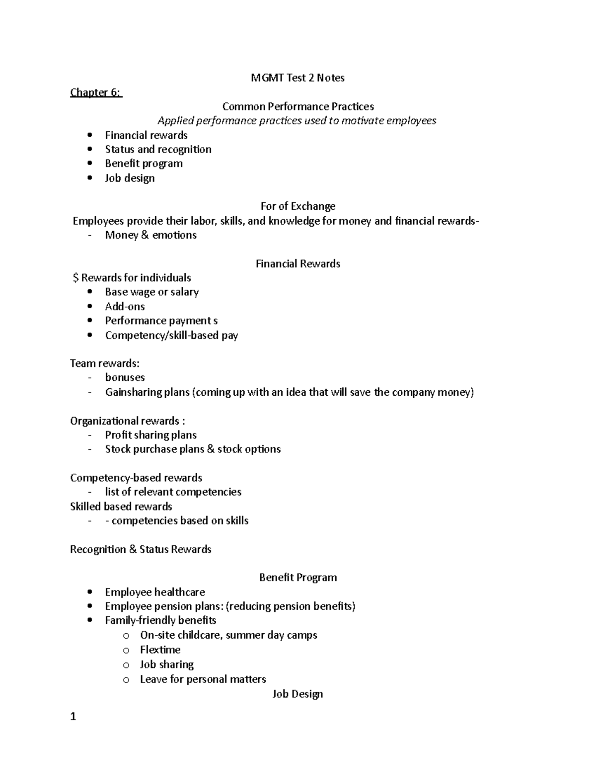 MGMT Test 2 Notes - MGMT Test 2 Notes Chapter 6: Common Performance ...