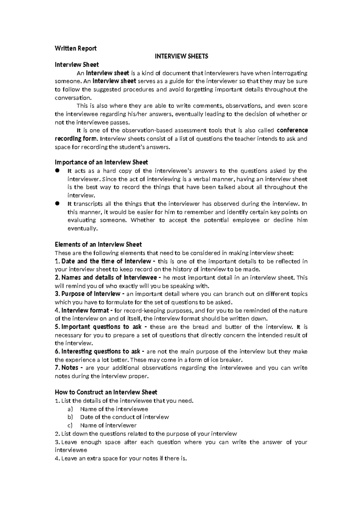 Evaluation Tools - Interview Sheetd - Written Report INTERVIEW SHEETS ...