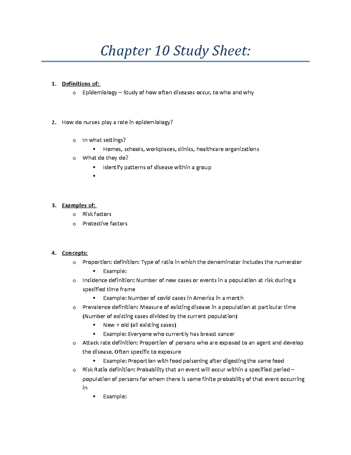 Chapter 10 Study Sheet - Chapter 10 Study Sheet: Definitions of: o ...