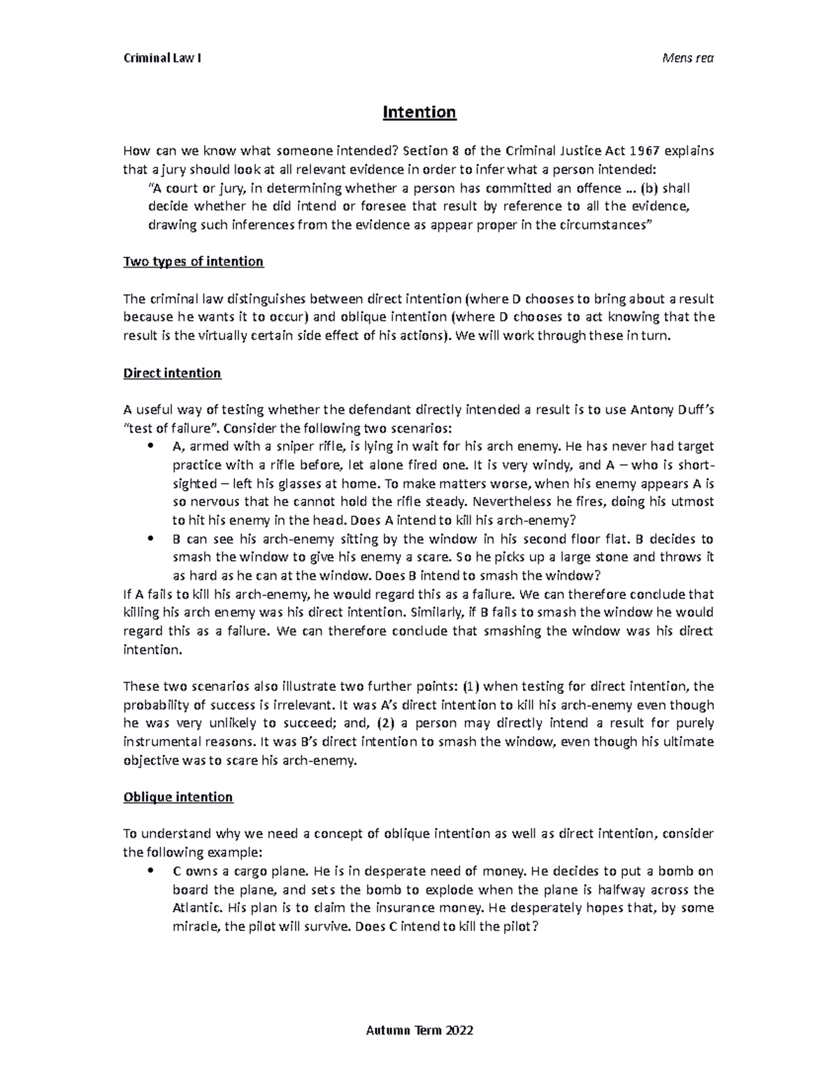 Intention - handout - Criminal Law I Mens rea Intention How can we know ...