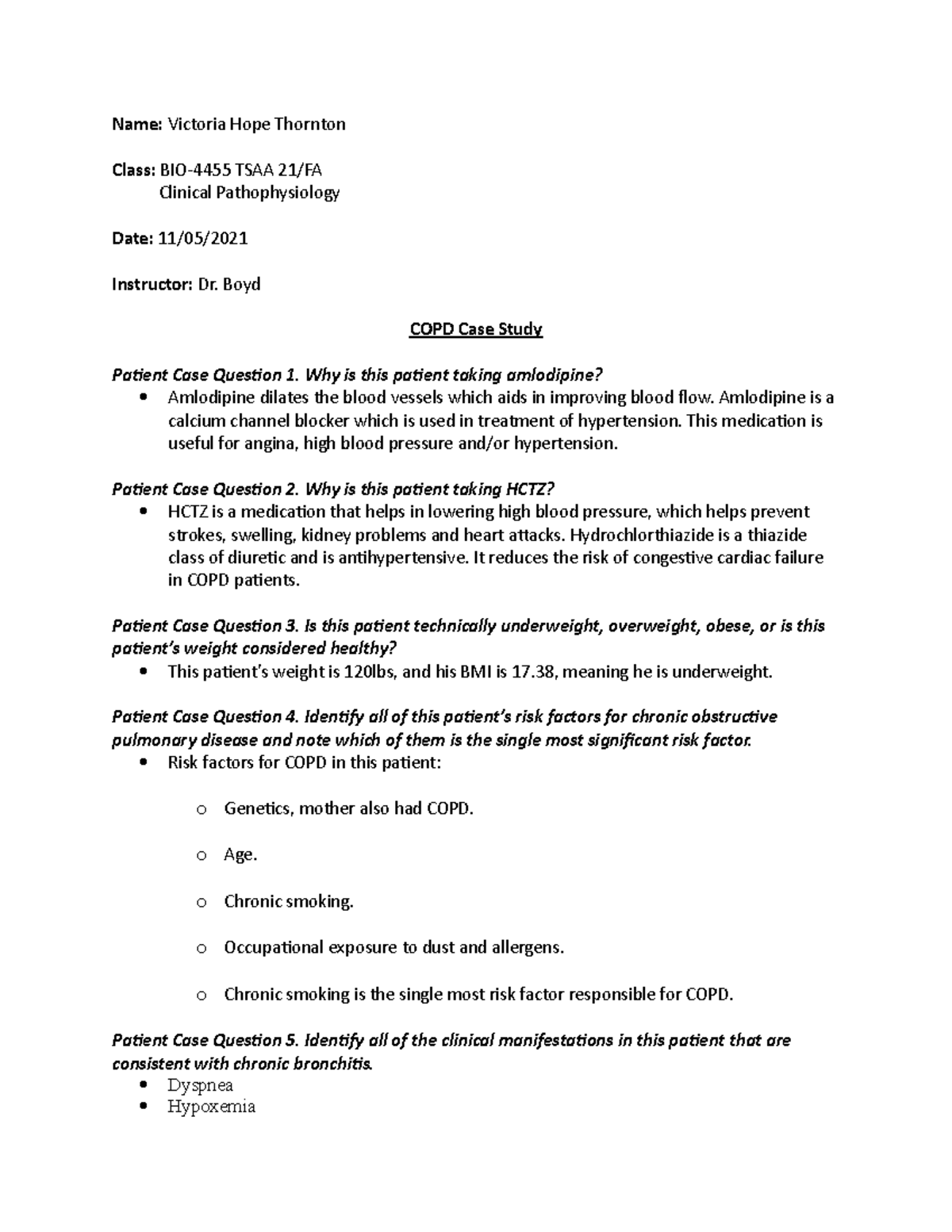 COPD Case Study for Clinical Pathophysiology - Name: Victoria Hope ...