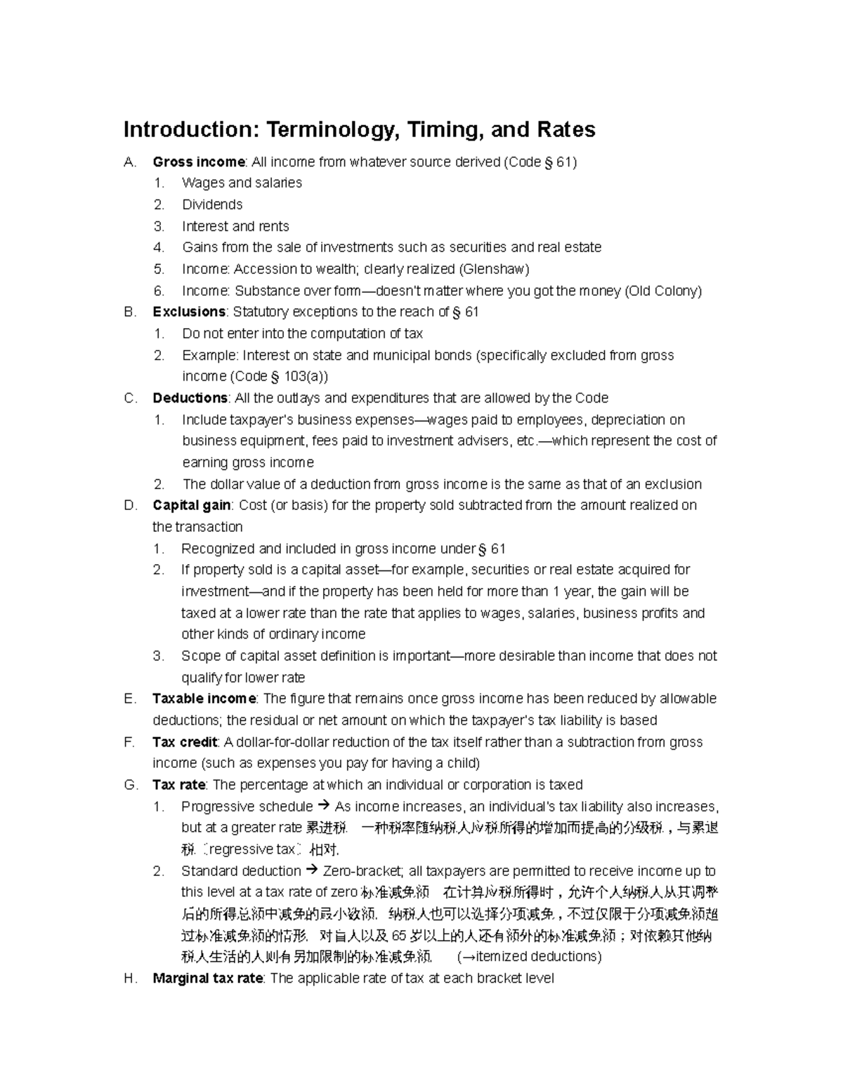Tax Outline - Professor Pomp - Introduction: Terminology, Timing, and ...