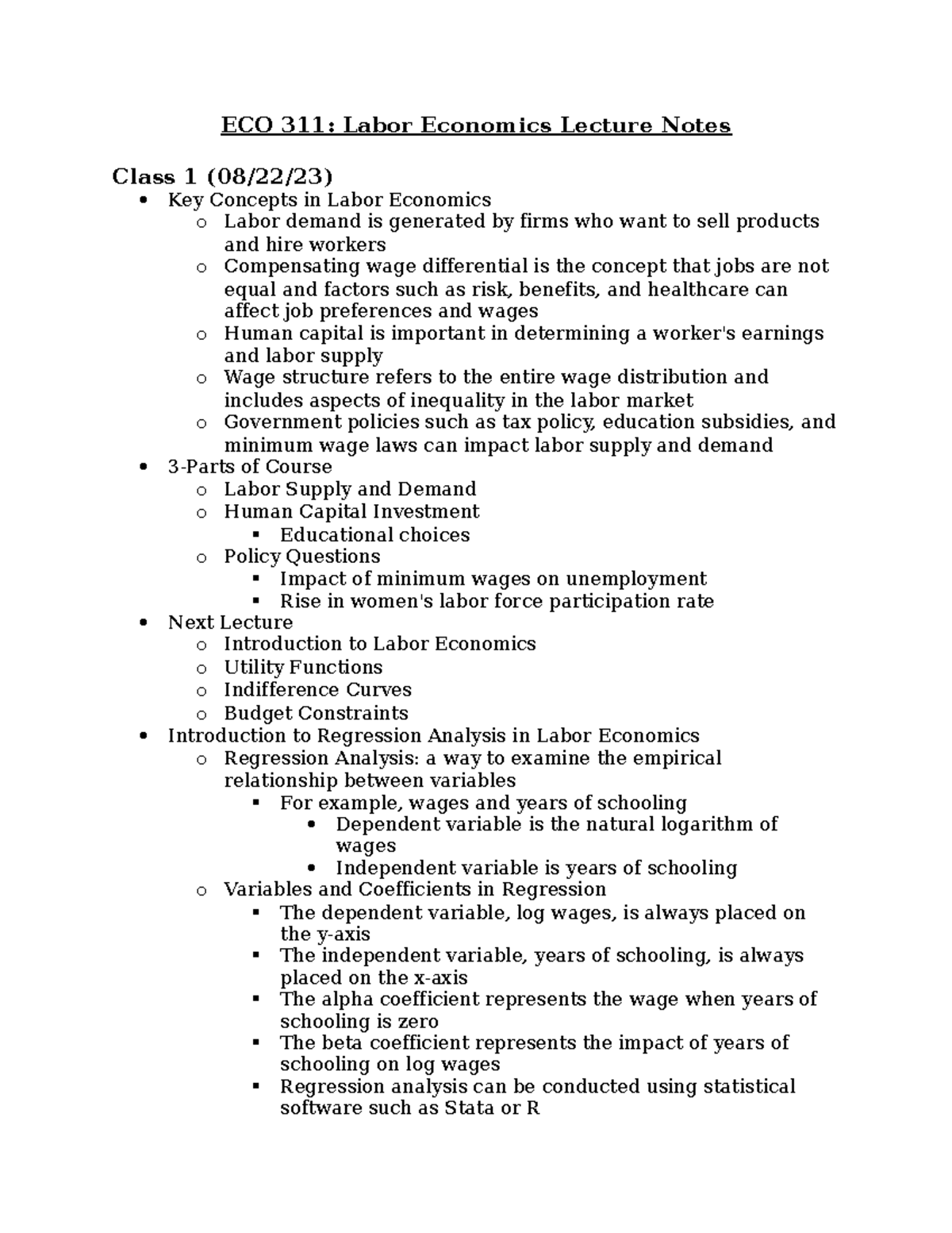 Module Two - Mod 2notes - ECO 311: Labor Economics Lecture Notes Class ...