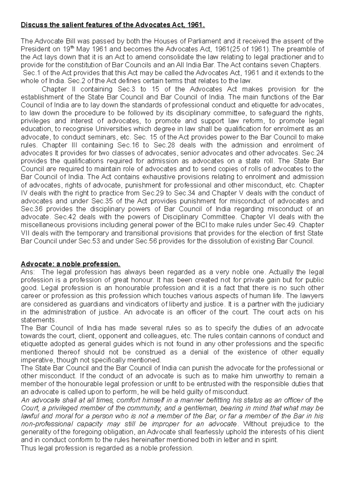 Discuss the salient features of the Advocates Act, 1961 - The Advocate ...