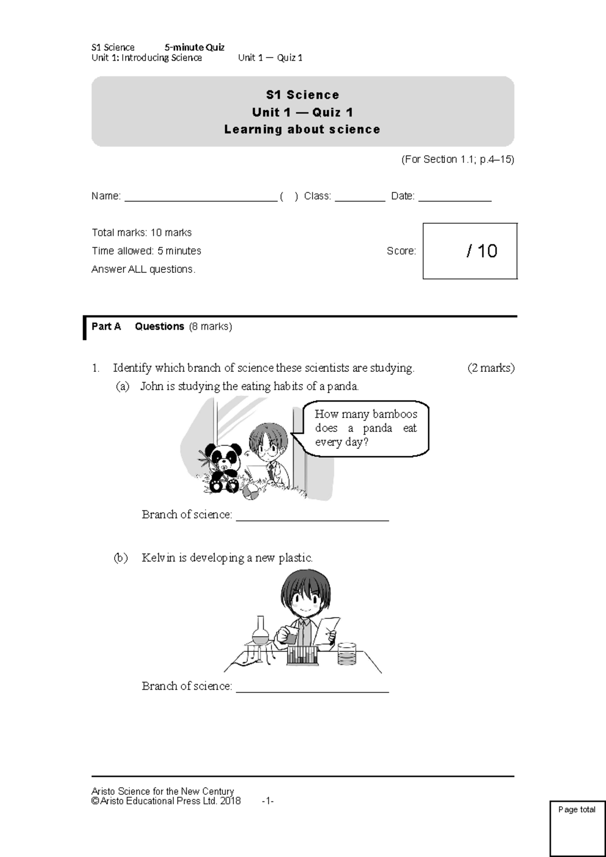 Scicent Quiz U1-1 final e - PPage totalage total S1 Science 5-minute ...