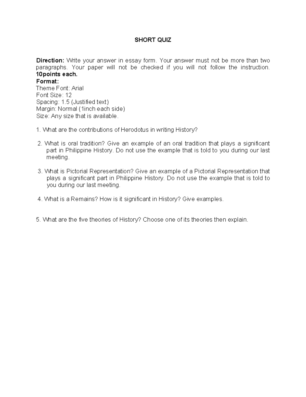 Readings IN Philippine History - SHORT QUIZ Direction: Write your ...