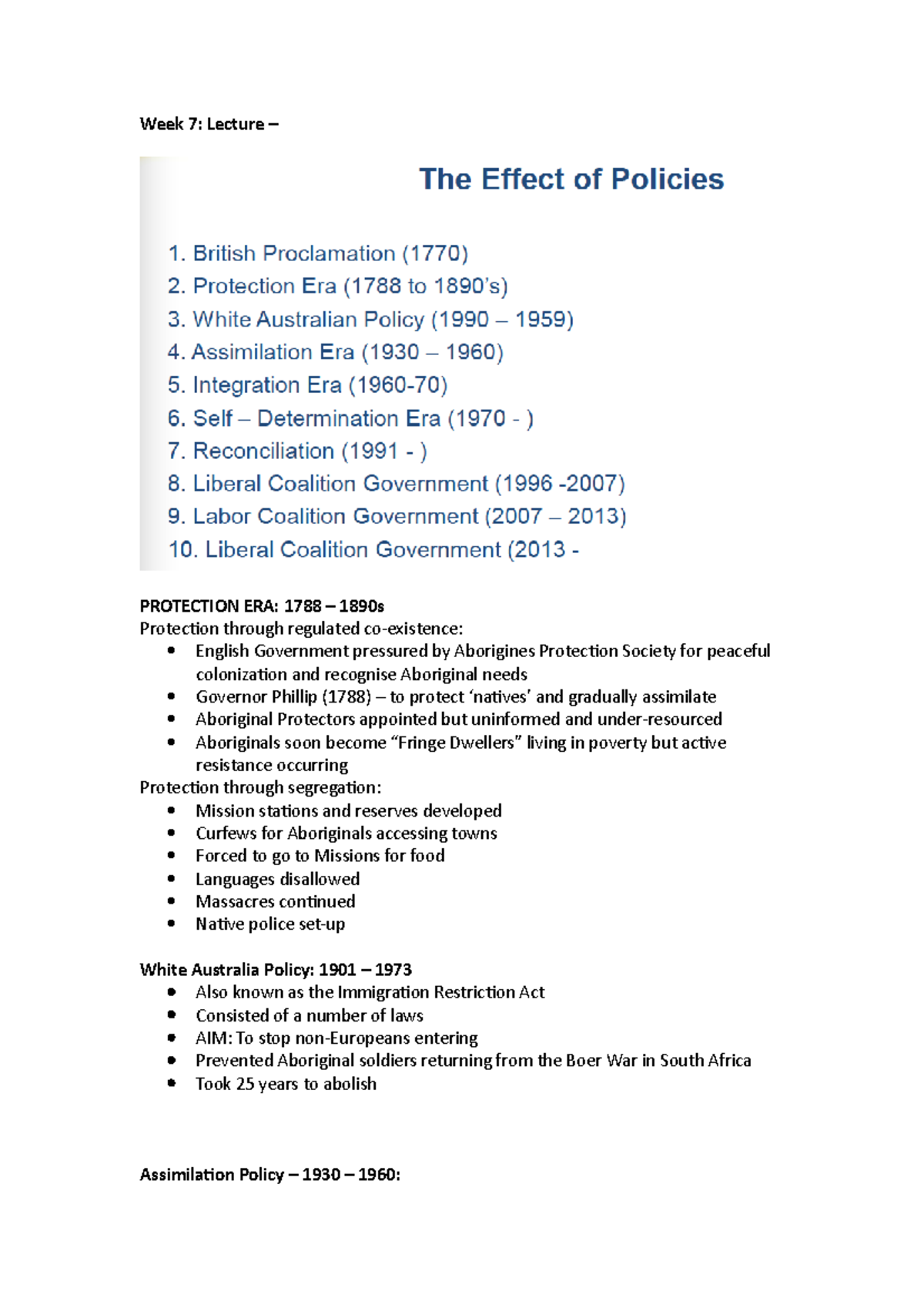 week 7 - lecture - Week 7: Lecture – PROTECTION ERA: 1788 – 1890s ...