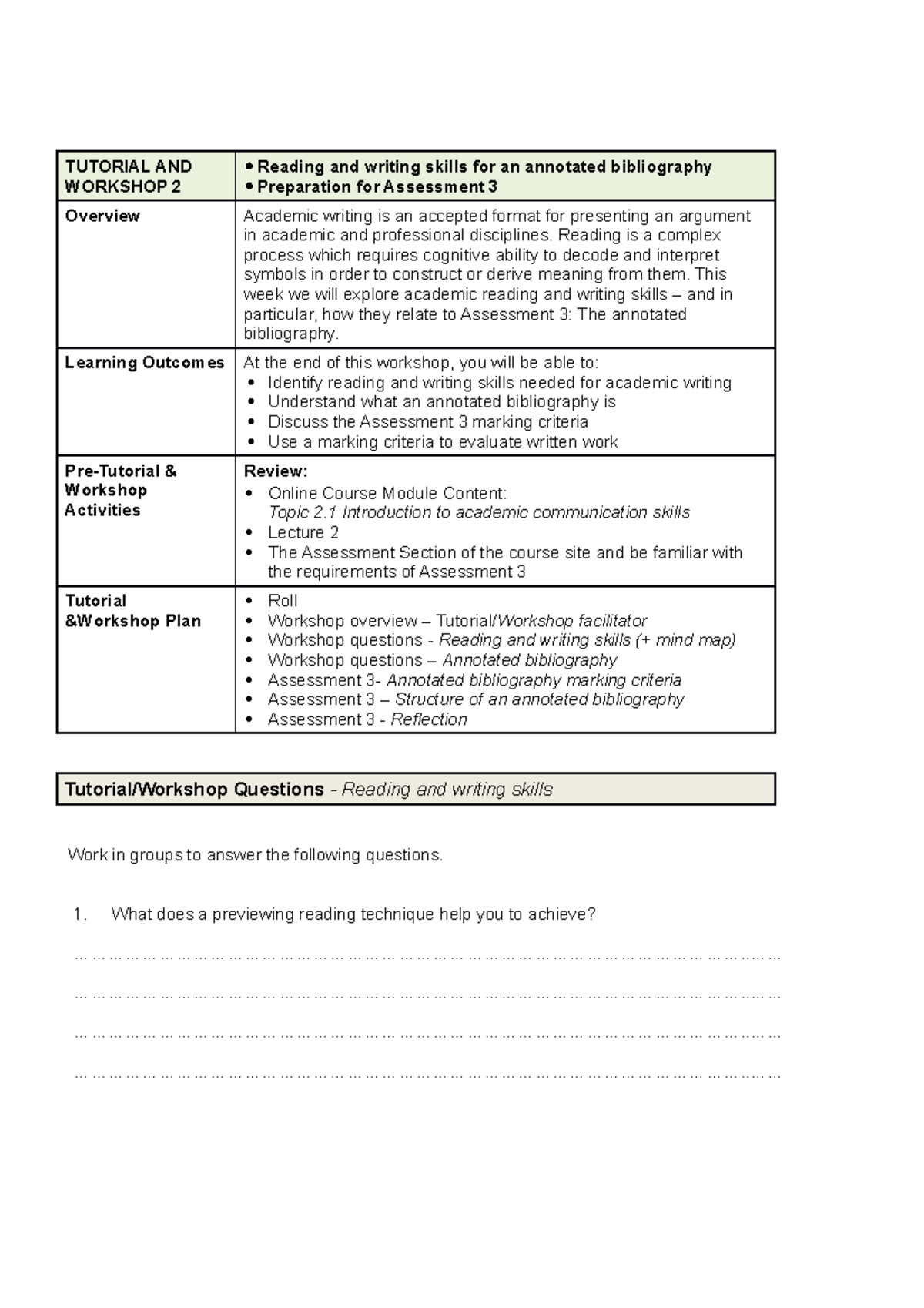 Workbook 2 - book - TUTORIAL AND WORKSHOP 2 Reading and writing skills ...