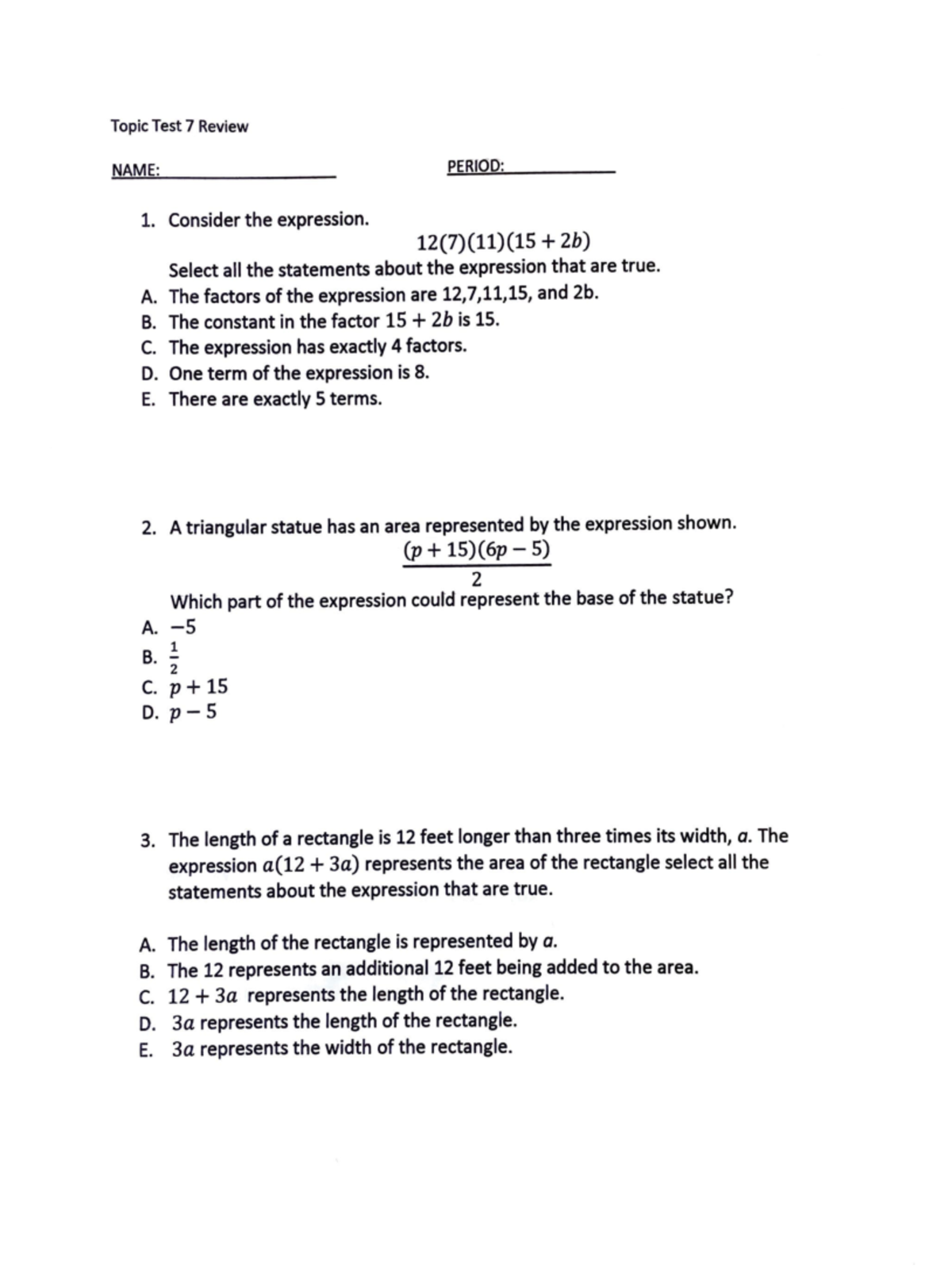 Chapter 7 review - it's here dm me - Topic Test 7 Review NAME : PERIOD ...