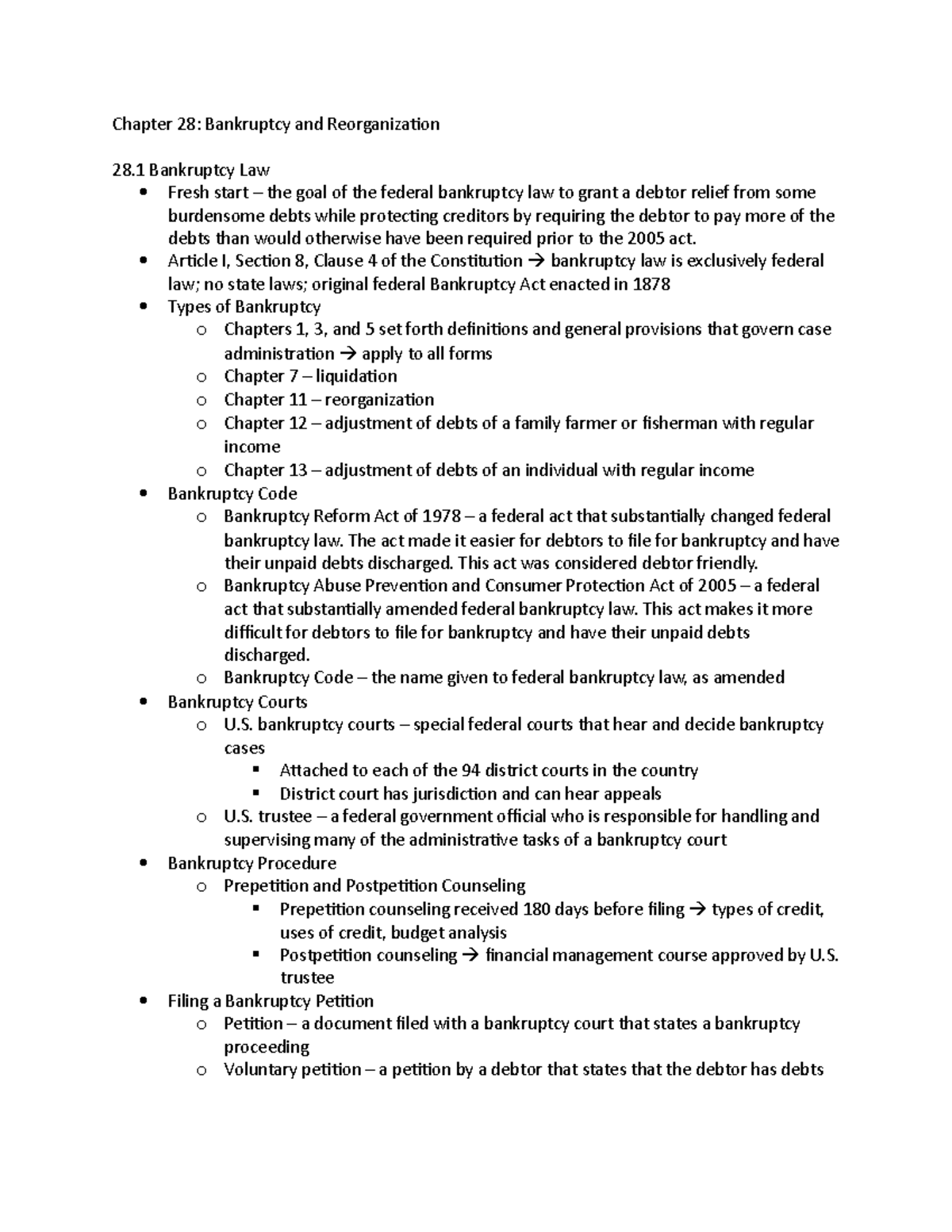 Chapter 28- Bankruptcy and Reorganization - Article I, Section 8 ...