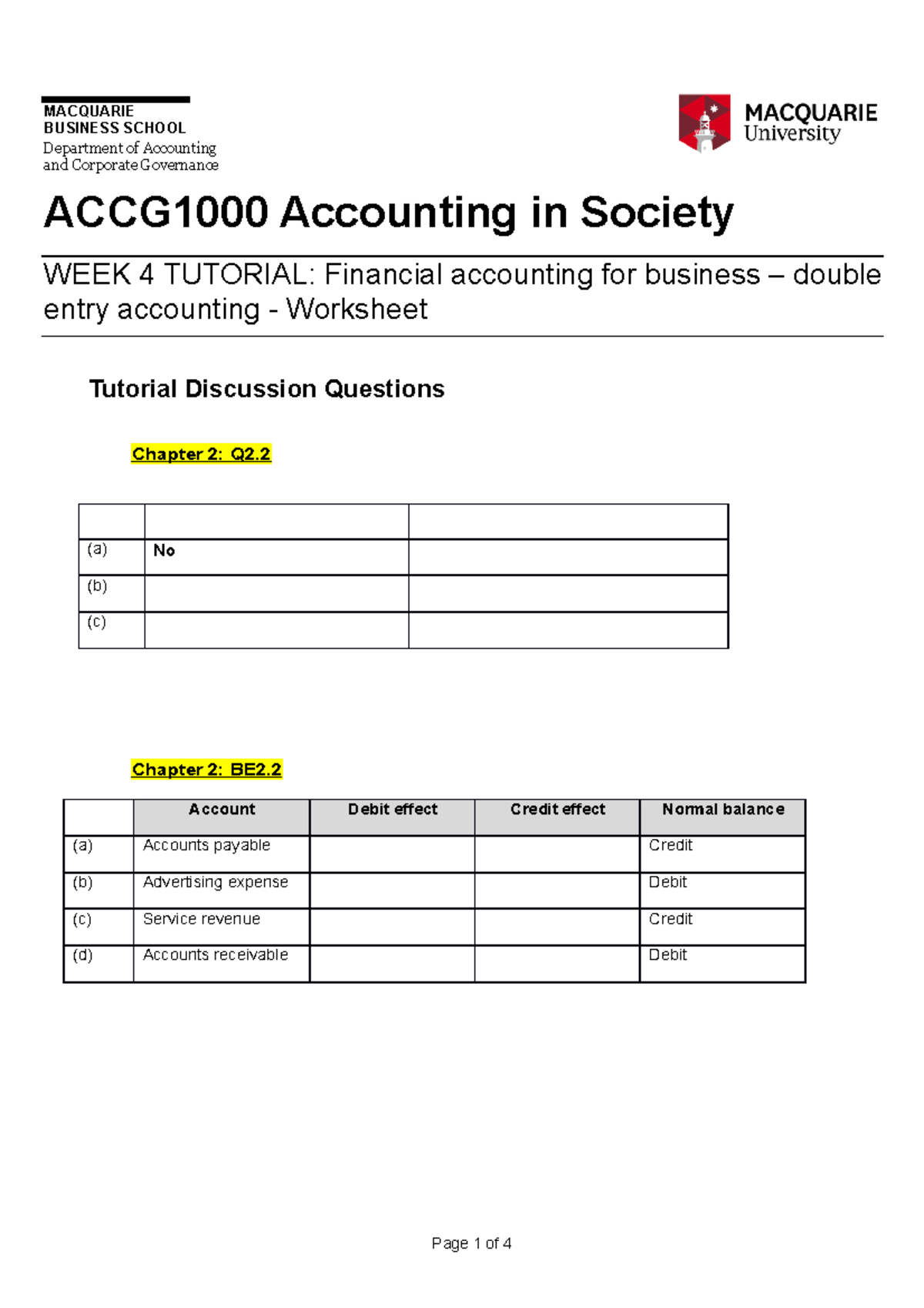 Week 4 Tutorial Workbook - MACQUARIE BUSINESS SCHOOL Department of ...