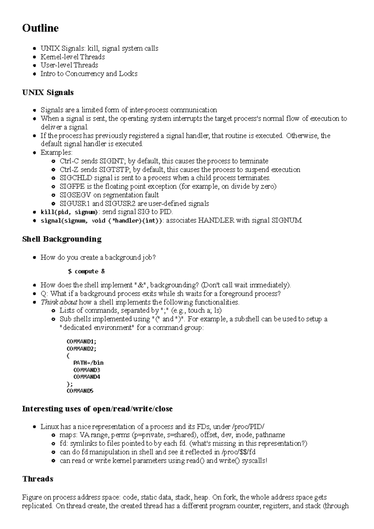 L3 - Operating Systems - Outline UNIX Signals: kill, signal system calls Kernel-level Threads ...