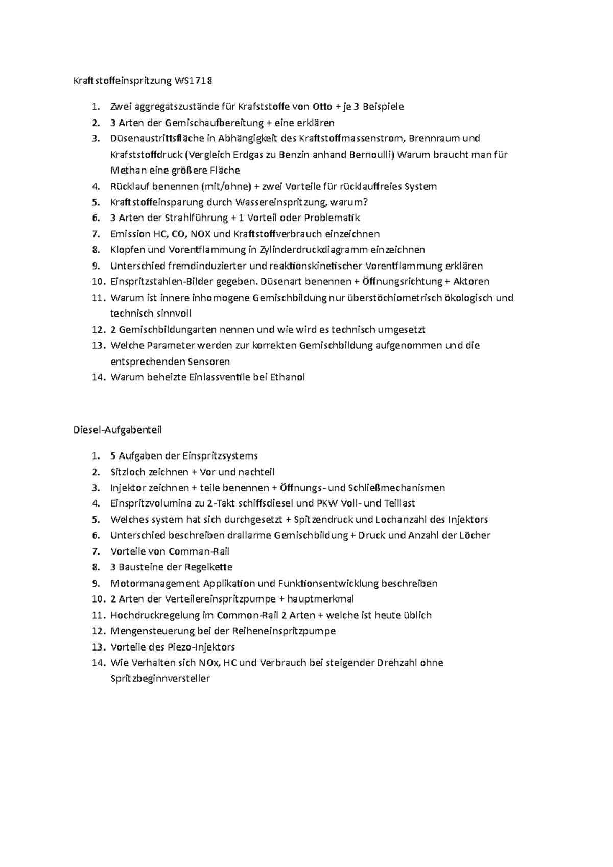 Klausur Wintersemester 2016/2017, Fragen - Kraftstoffeinspritzung WS1718 1. Zwei ...