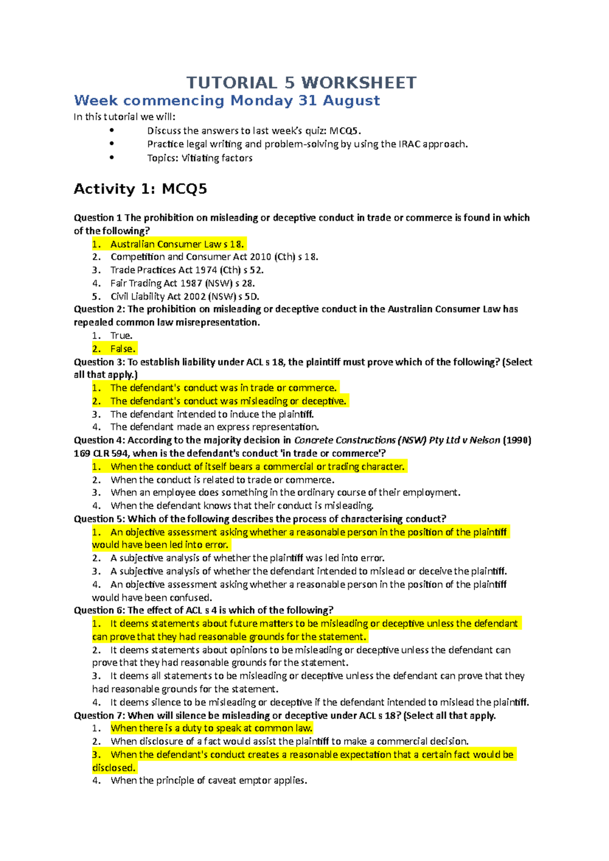 Sem 4 - Sem 4 work - TUTORIAL 5 WORKSHEET Week commencing Monday 31 ...