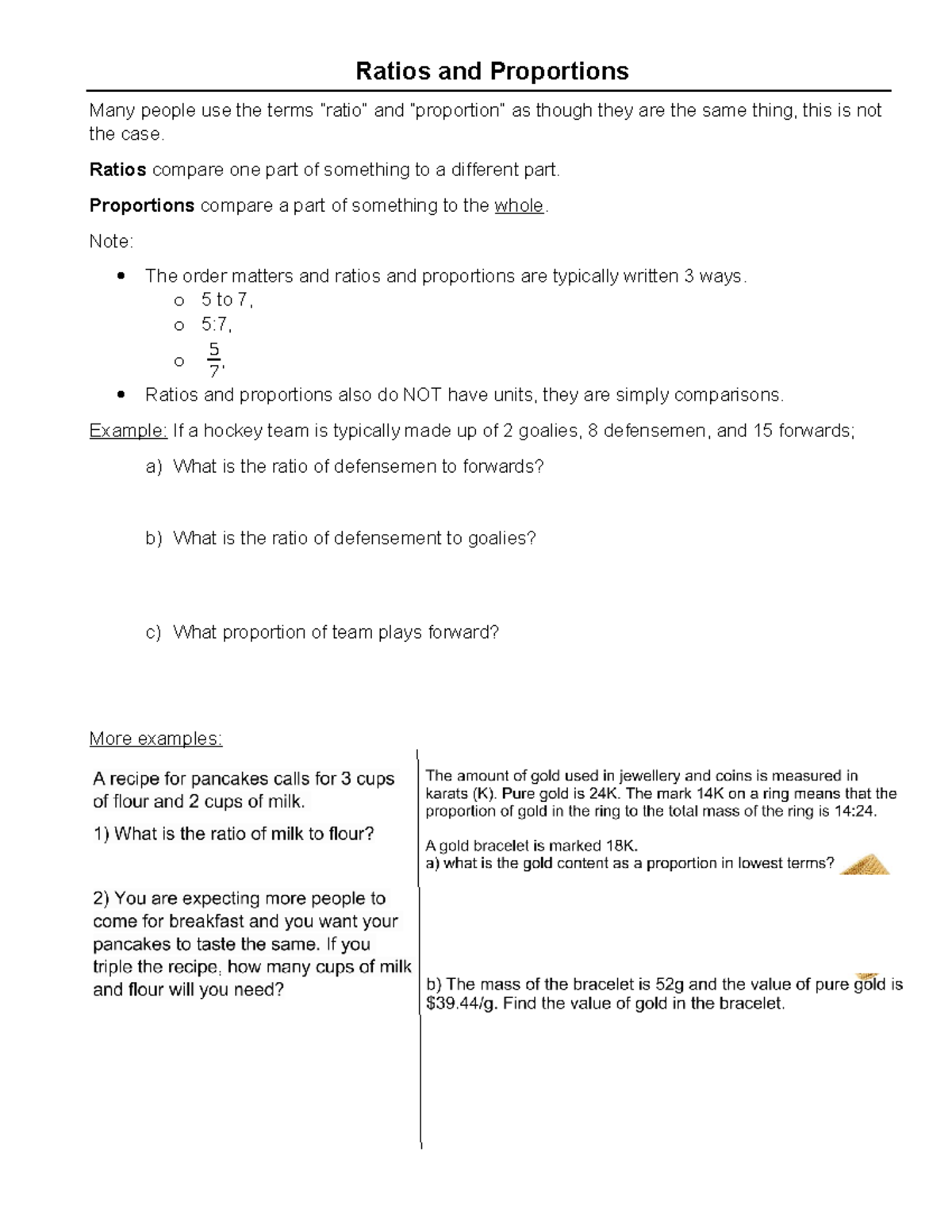 1a intro to ratios and proportions - Ratios and Proportions Many people ...
