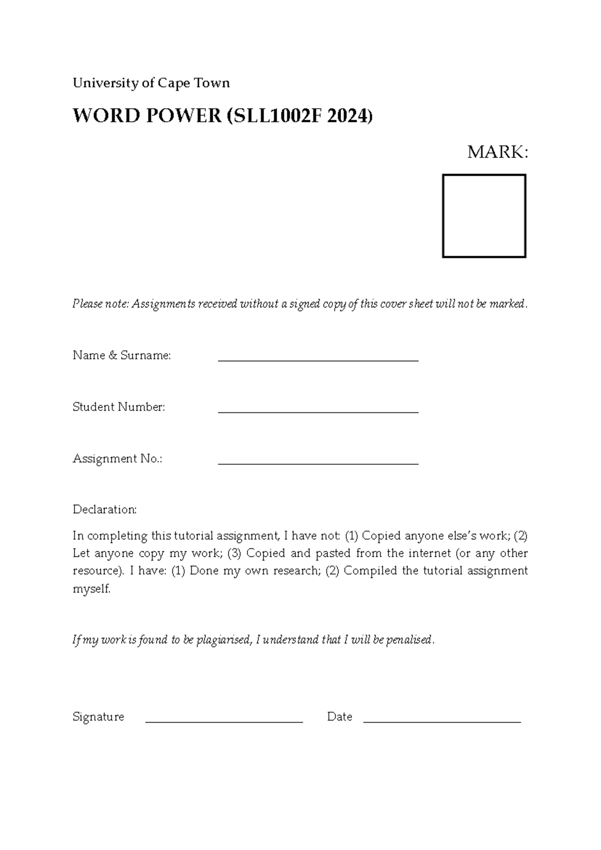 Word Power Assignment Cover Sheet SLL1002F 2024-2 - University of Cape ...