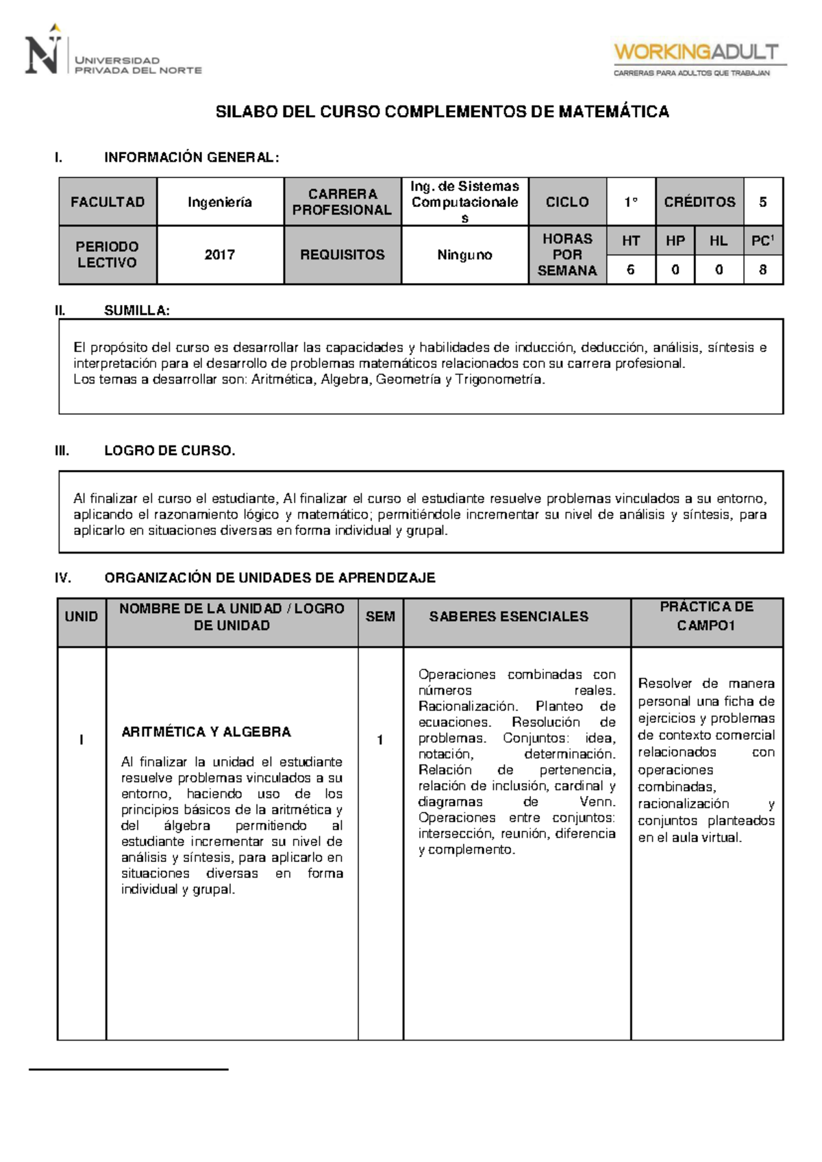 2. Silabo Complementos DE Matematica - SILABO DEL CURSO COMPLEMENTOS DE MATEMÁTICA I ...