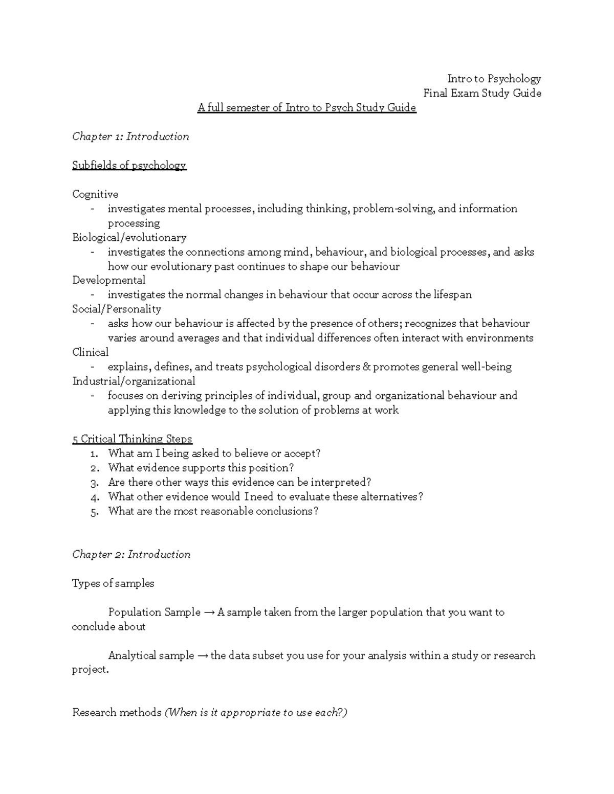 Psych Study Guide Final Exam - Intro to Psychology Final Exam Study ...