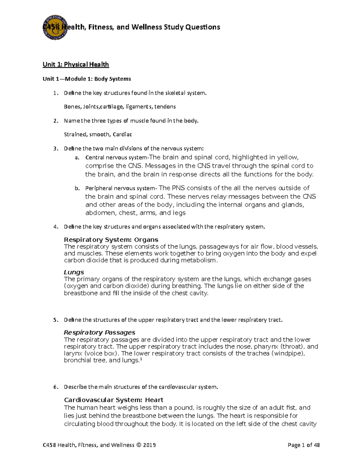C458v4 study questions - Unit 1: Physical Health Unit 1—Module 1: Body ...
