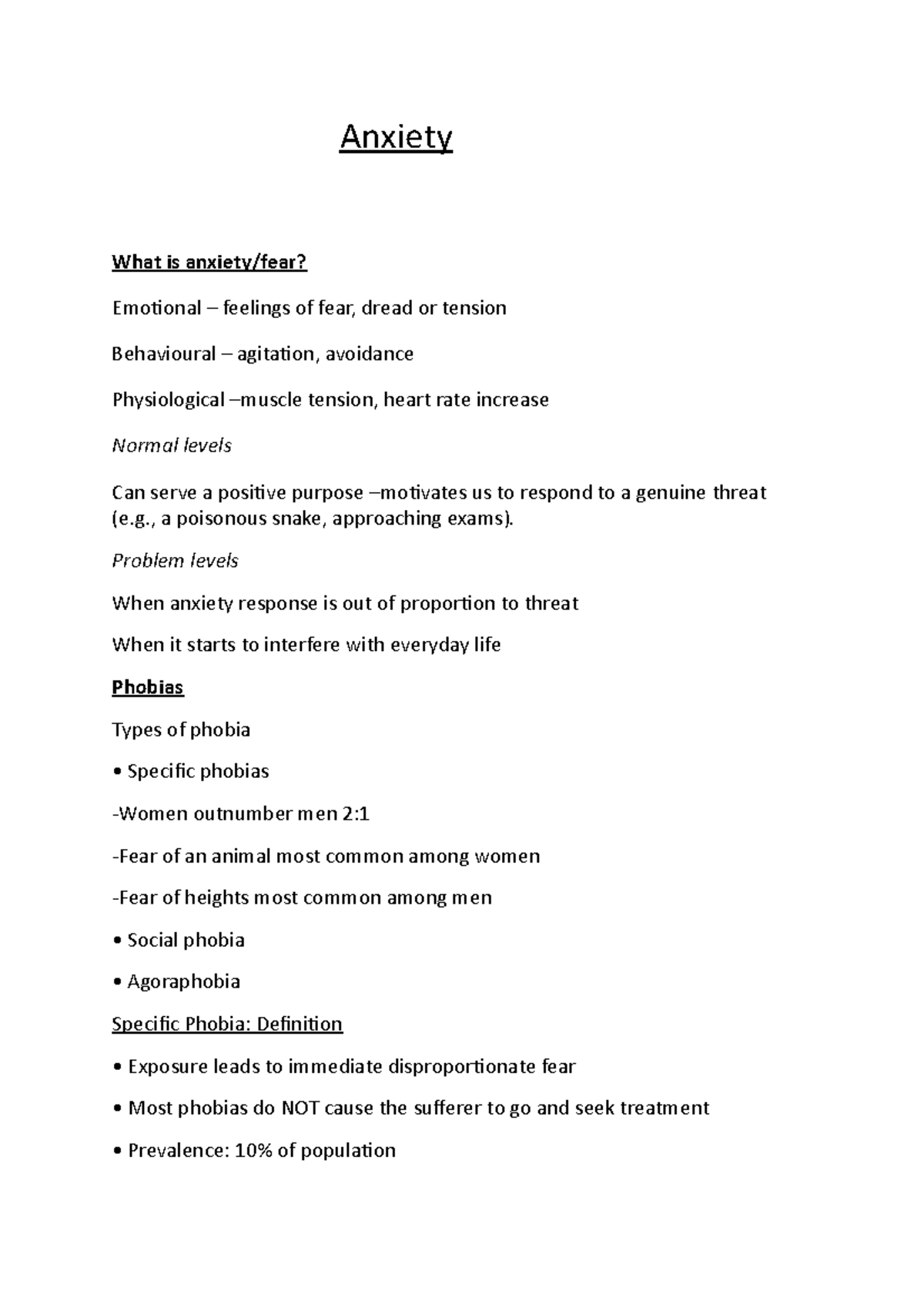 Anxiety - Lecture notes 8 - Anxiety What is anxiety/fear? Emotional ...
