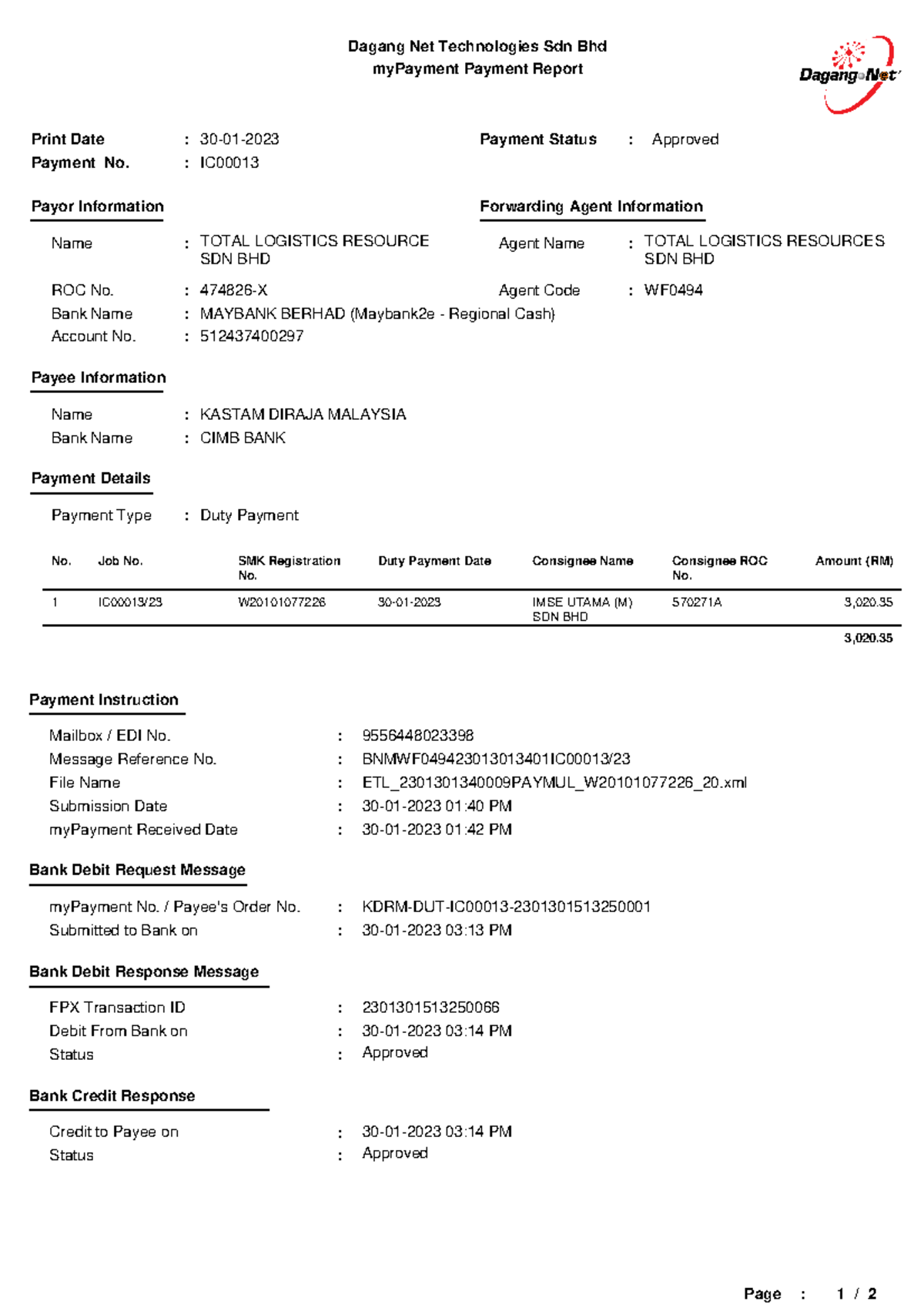 Controller - VKJFIOJO - Payment Type : Agent Name Approved MAYBANK ...