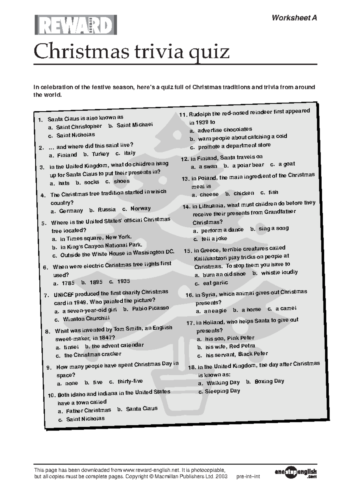 Christmas quiz higher level reading - Worksheet A Christmas trivia quiz ...