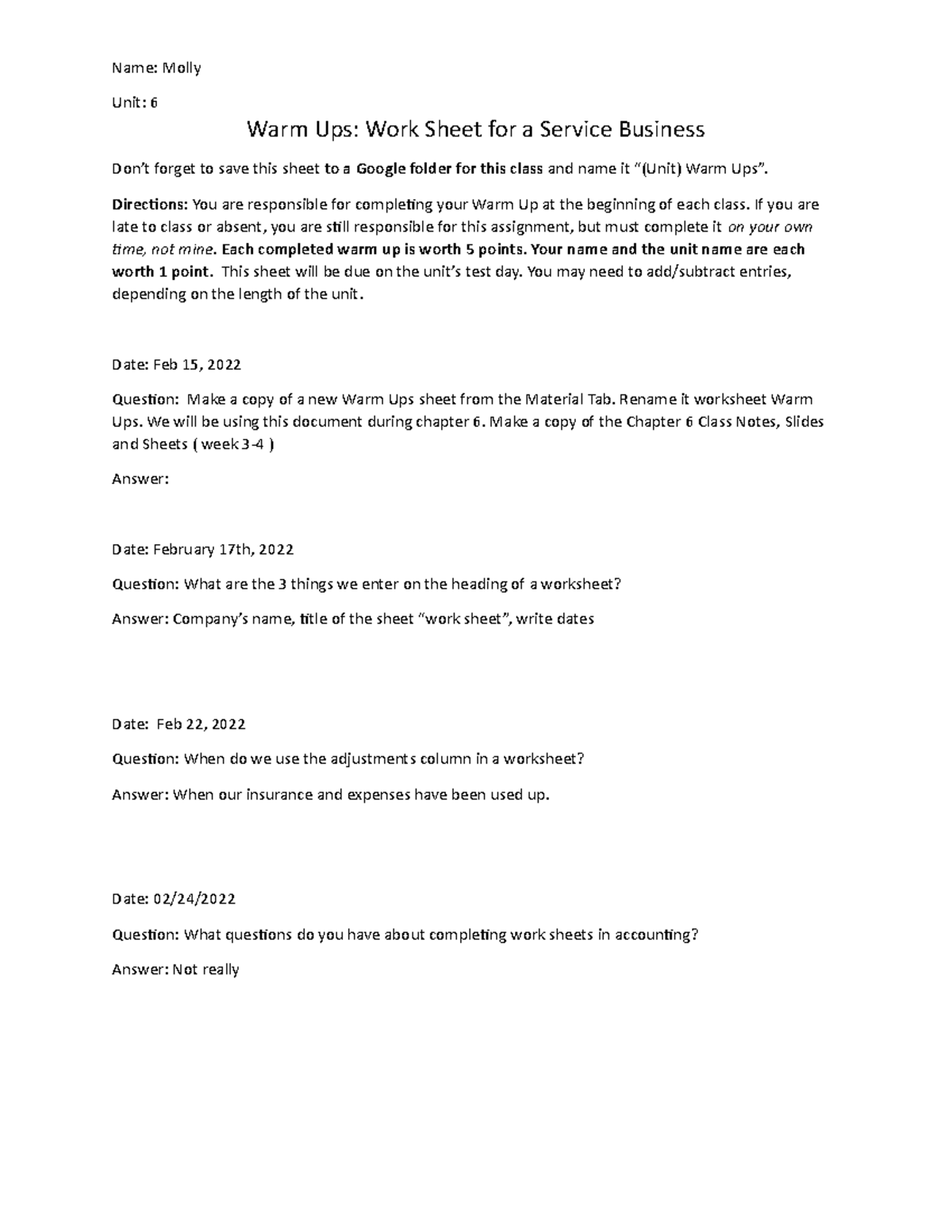 Unit 6- Molly -Warm Ups Sheet - Studocu