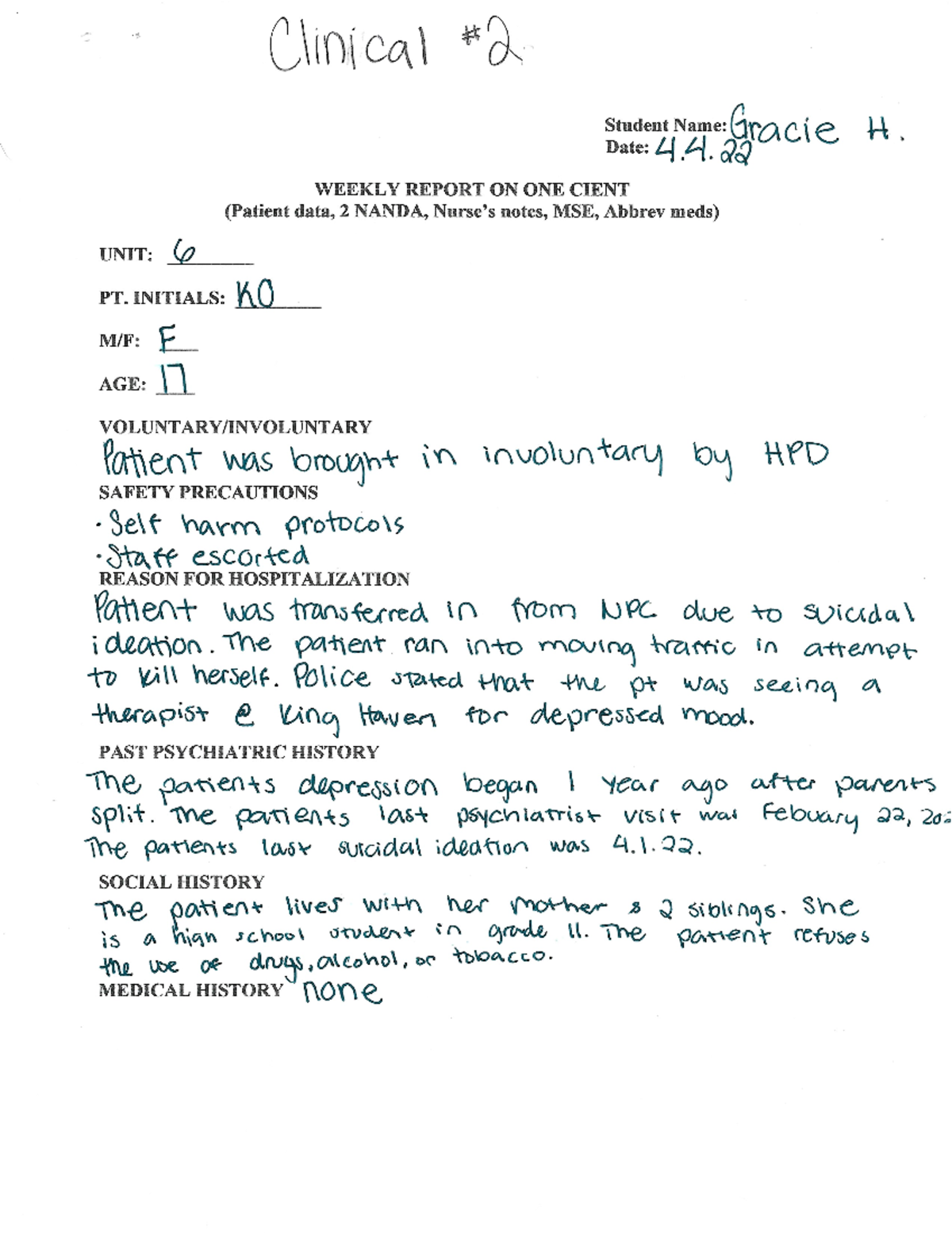 Weekly Report 1 - Clinical Student Name: Gracie H. Date: 4.4 WEEKLY ...