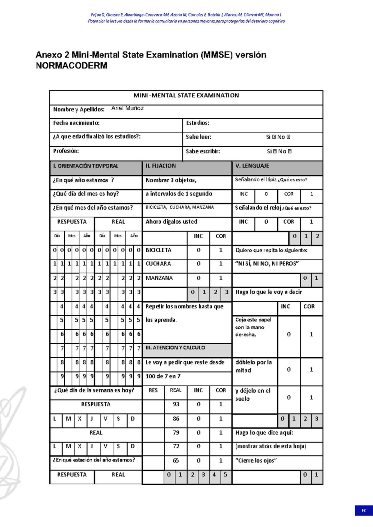 Test mini mental - Pauta para evaluar las destrezas cognitivas. - Anexo ...