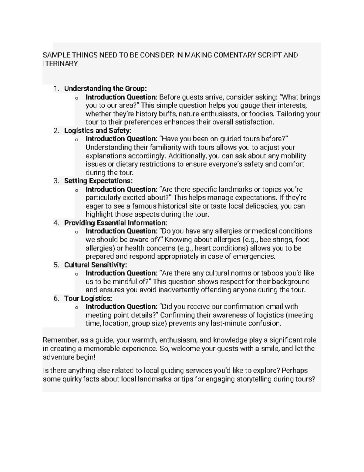 Sample Things NEED TO BE Consider IN Making Comentary Script AND ...