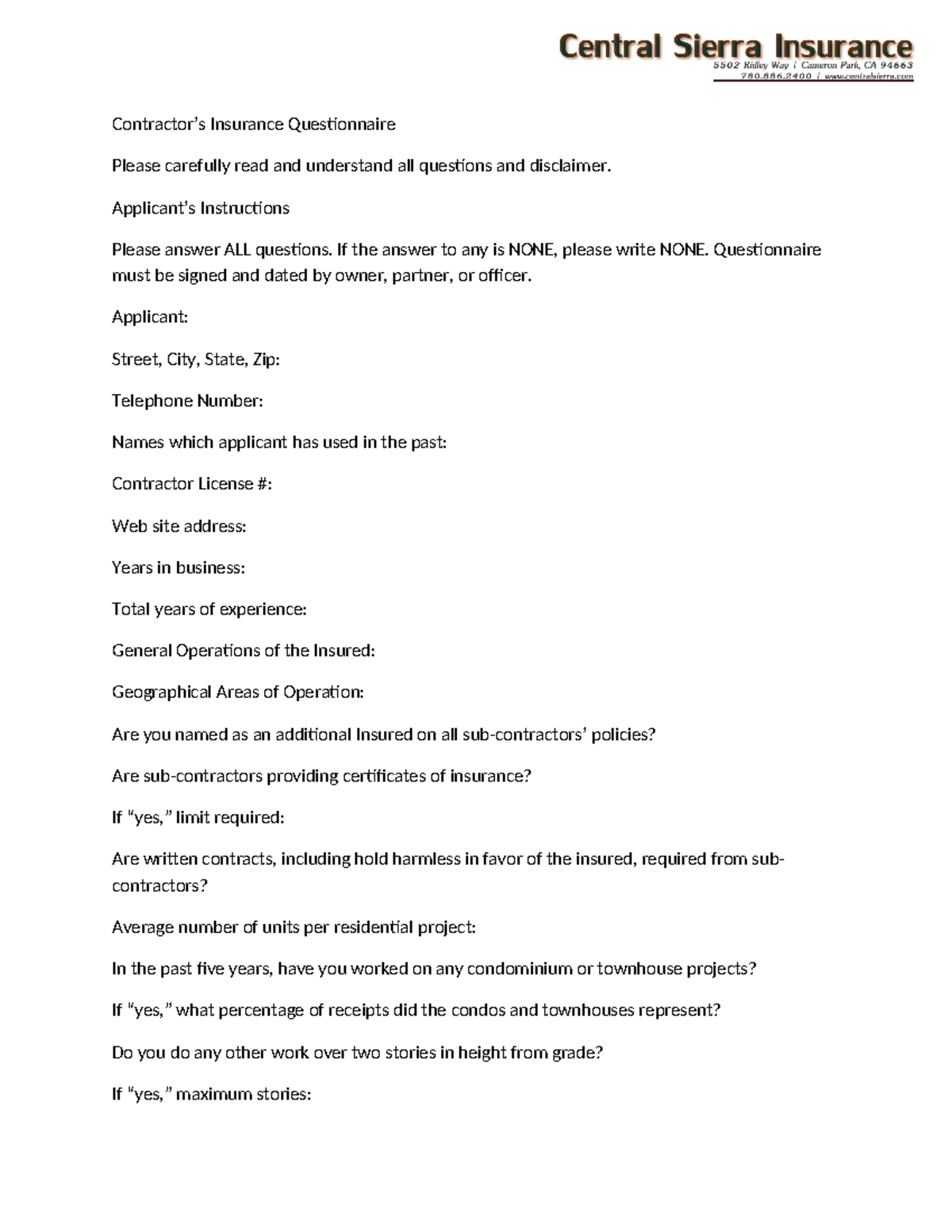 Insurance Questionnaire-02 - Contractor’s Insurance Questionnaire ...